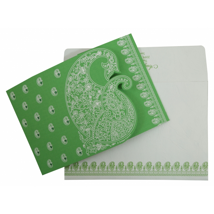 PARROT GREEN MATTE PAISLEY THEMED - SCREEN PRINTED WEDDING INVITATION ...